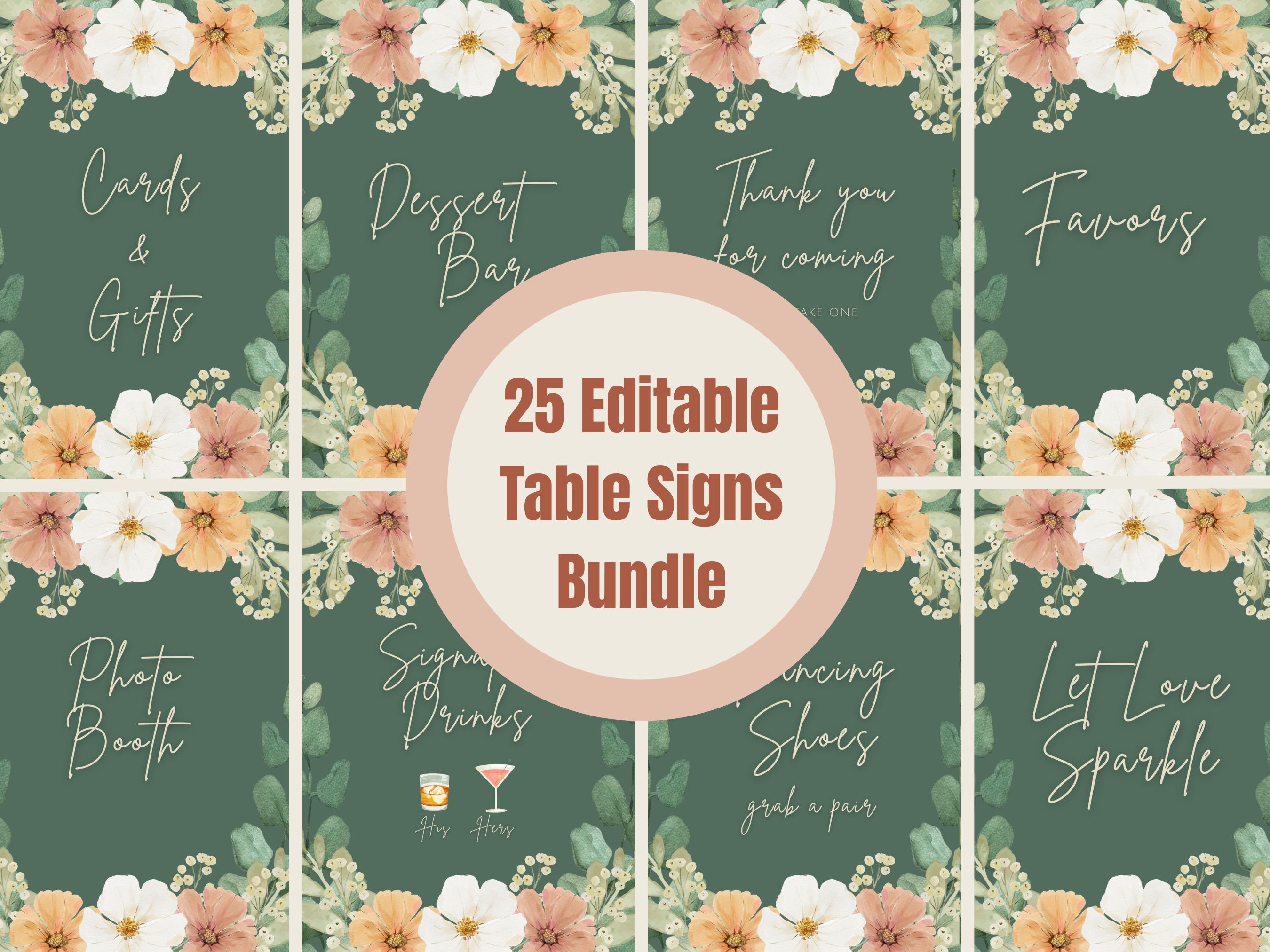 Emerald Green Floral Wedding Table Sign Bundle, Editable Template, 8x10 ...