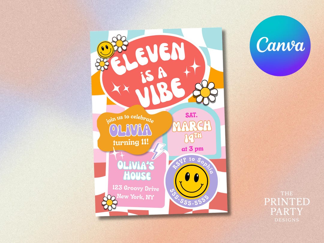 Groovy Smiley Face Retro Birthday Party Invitation, Emoji Birthday ...