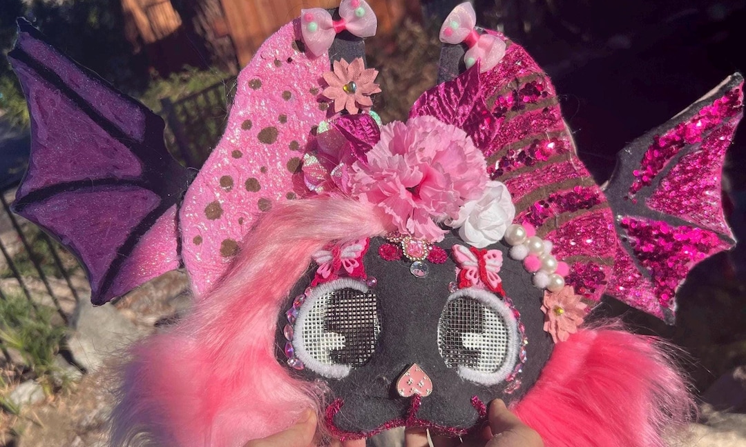 Therian Pink Sparkly Bat Mask: Removeable Wings Furry Animal Mask ...