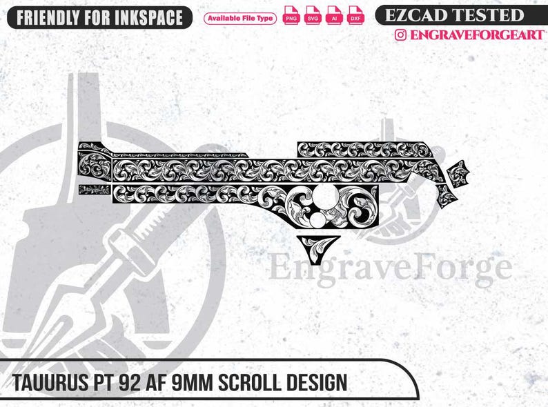 Taurus PT92 9mm Scroll Art: Laser Engraving File (SVG/DXF/PNG Digital ...