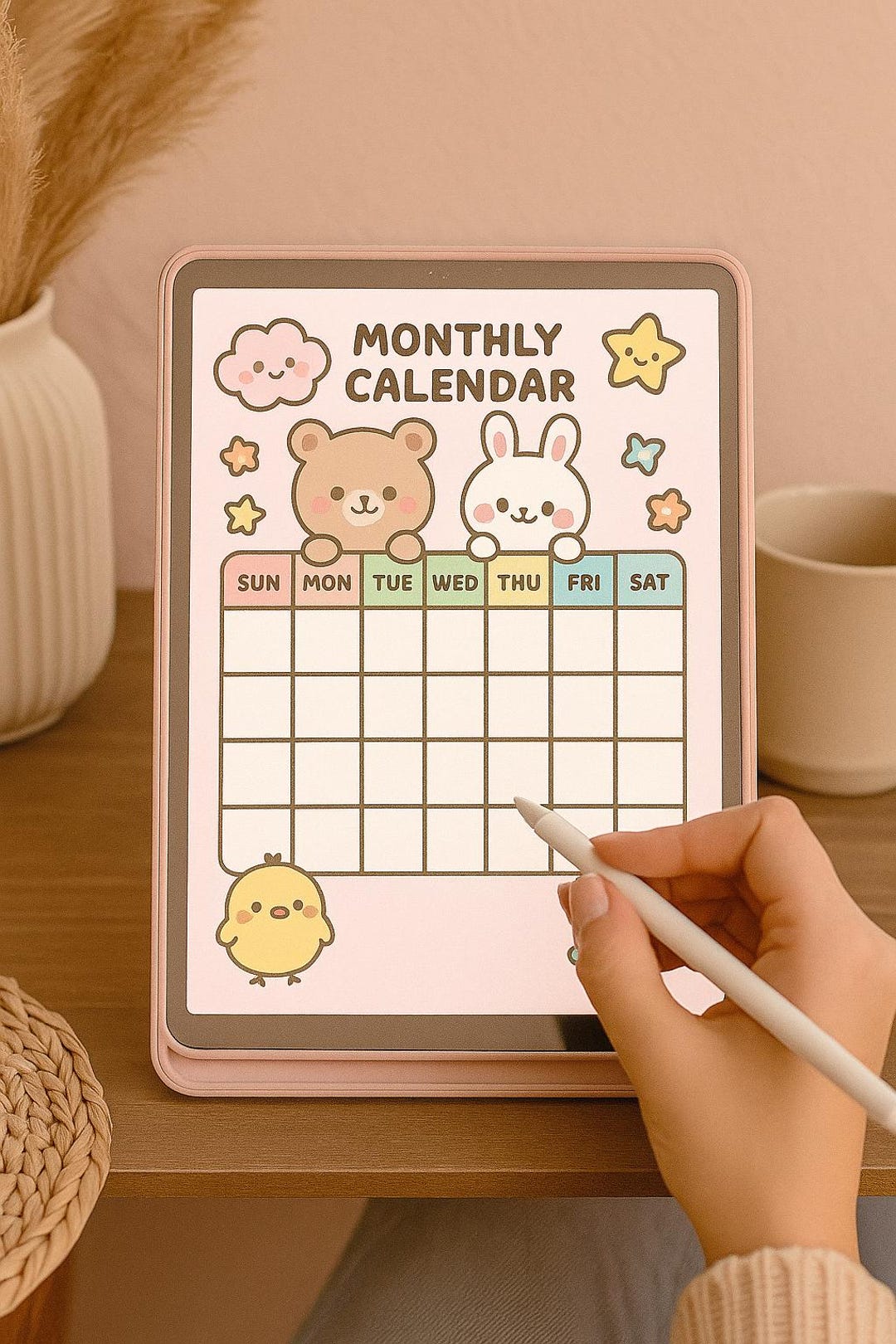 Kawaii Monthly Calendar Printable PDF | Cute Bunny Bear Undated Planner ...