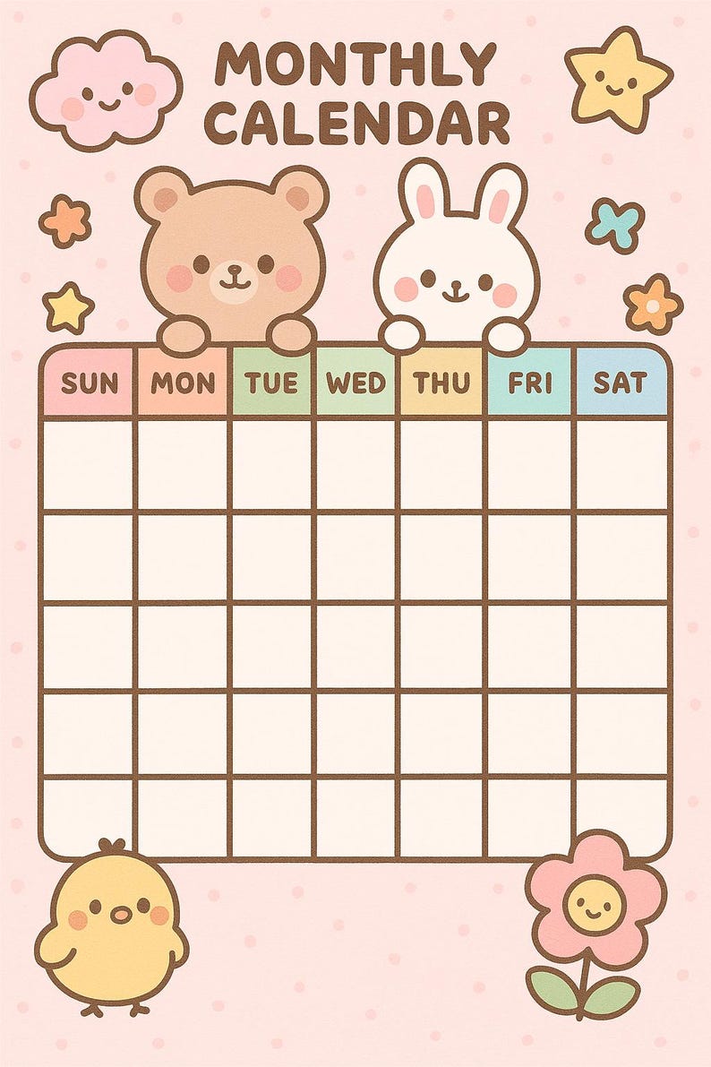 Kawaii Monthly Calendar Printable PDF | Cute Bunny Bear Undated Planner ...