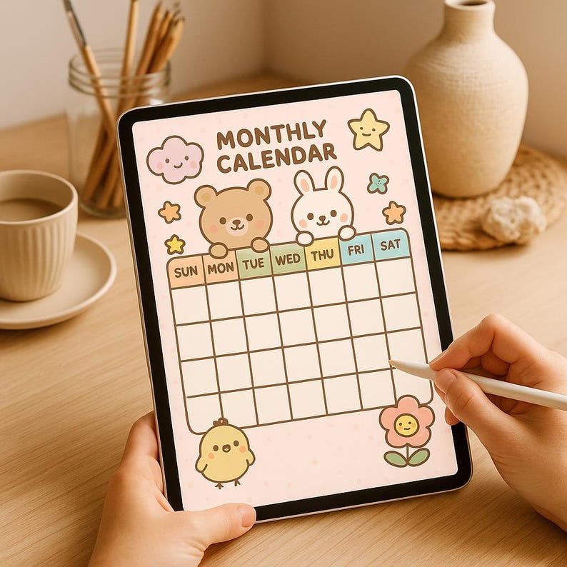Kawaii Monthly Calendar Printable PDF | Cute Bunny Bear Undated Planner ...
