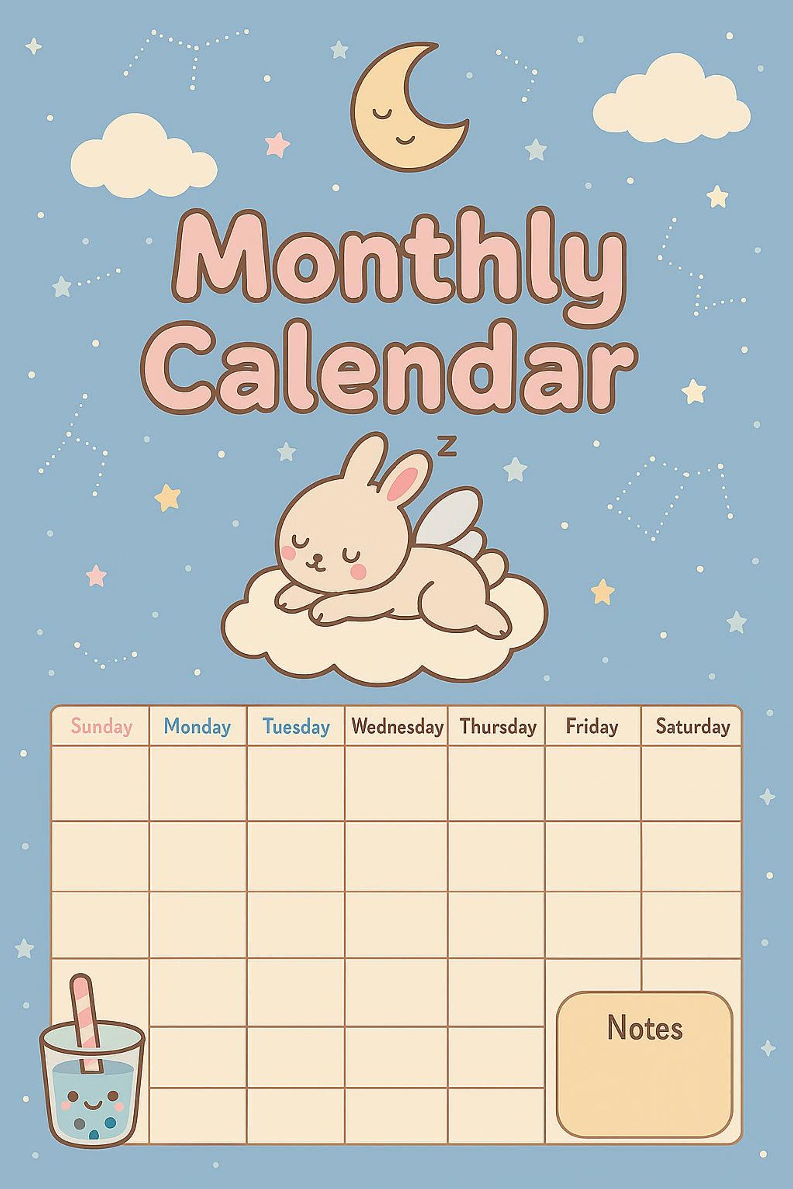Kawaii Monthly Calendar Printable PDF | Cute Bunny Bear Undated Planner ...