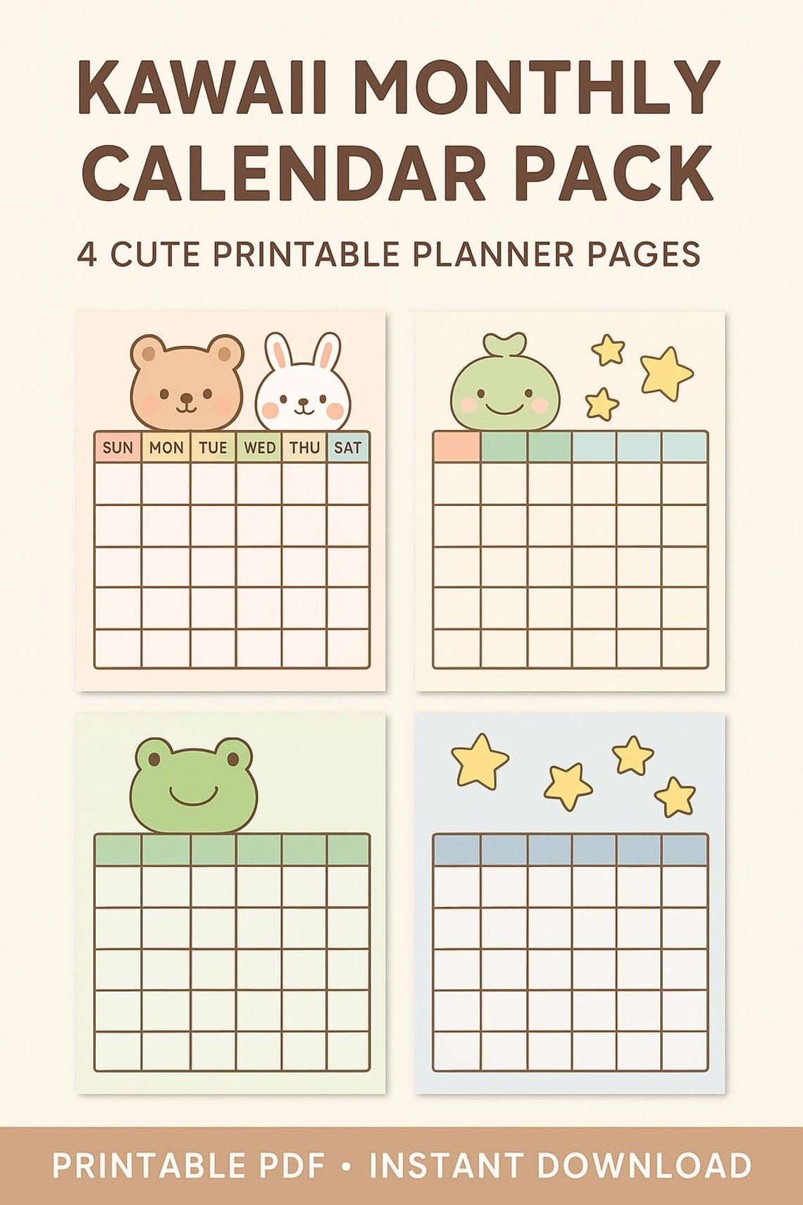 Kawaii Monthly Calendar Printable PDF | Cute Bunny Bear Undated Planner ...