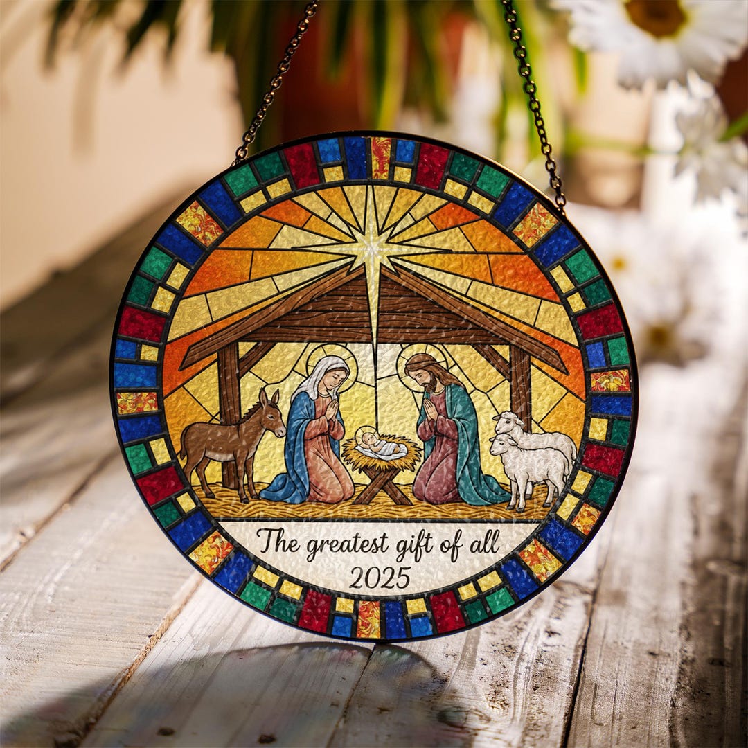 Nativity Scene Suncatcher: Religious Stained Glass Style Christmas ...