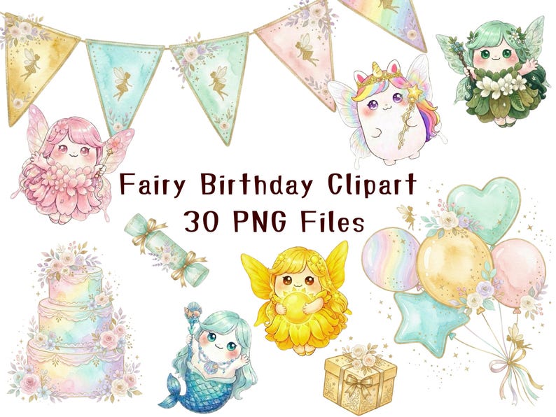 Fairy Birthday Clipart Bundle 30 PNG, Watercolor Party Decorations - Etsy