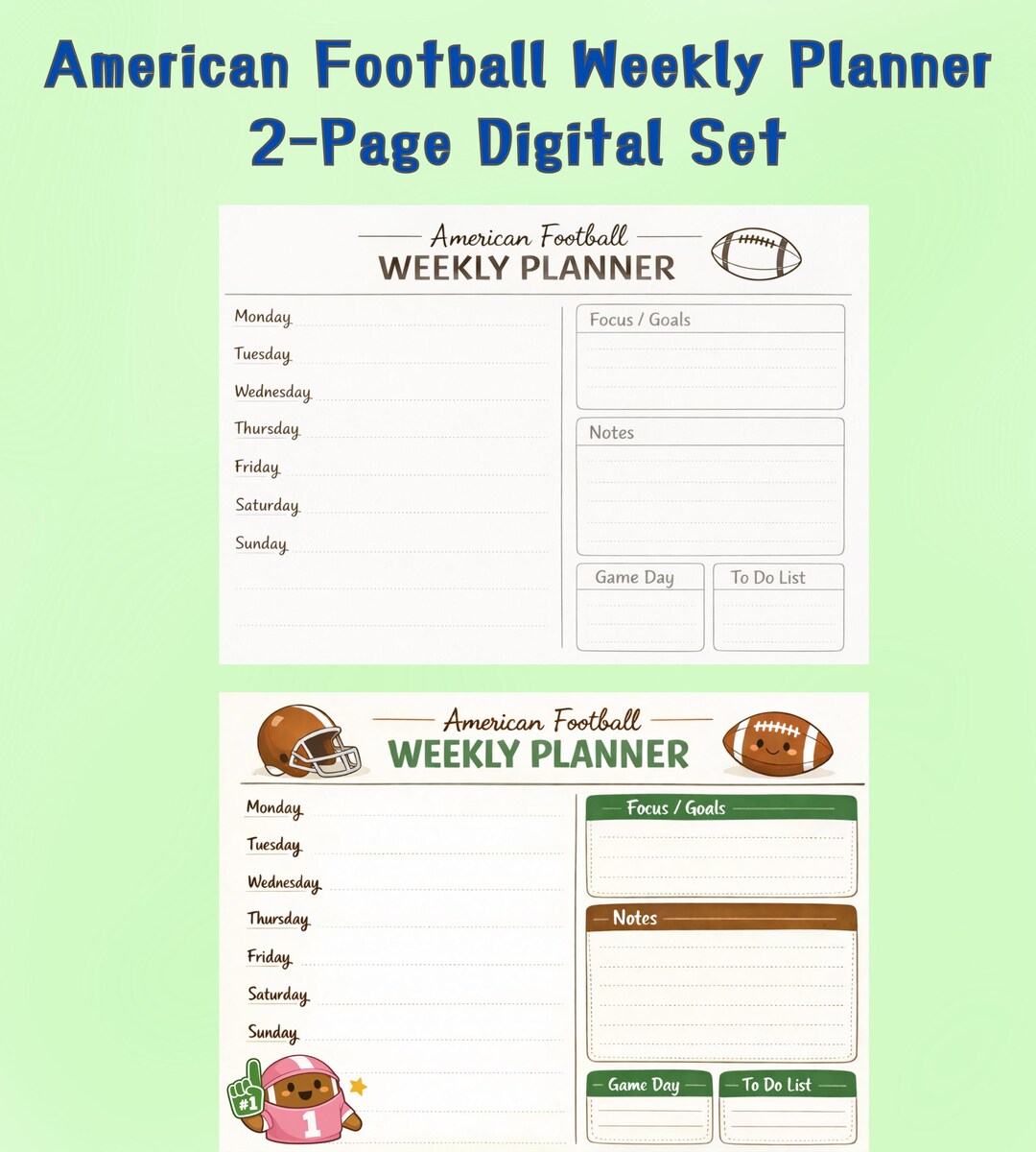 Football Weekly Planner | 2-page Digital Planner | Printable - Etsy