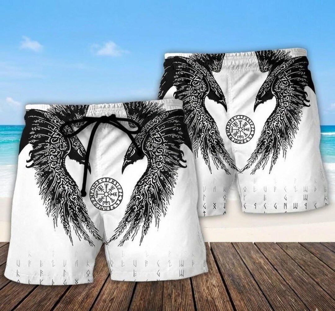 Viking Black Runic Raven Beach Short, Mythology Hawaiian Short, Summer ...