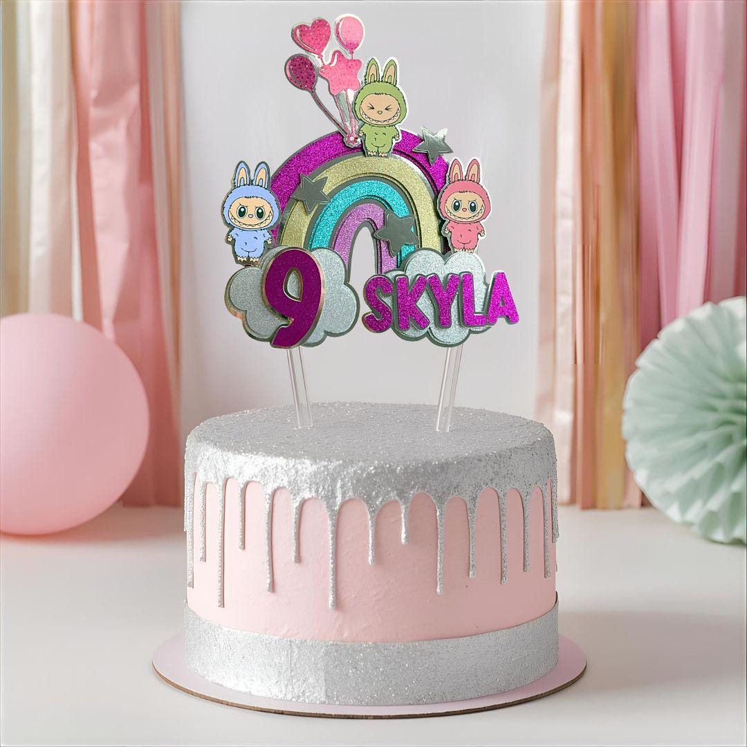 Rainbow Labubu Cake Topper: Sparkly, 3D, Custom Name & Age - Etsy