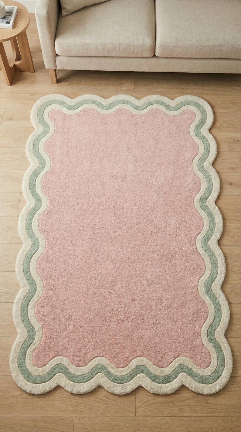 Hand-tufted Scalloped Wool Rug in Pastel Pink & Sage Green - Wavy ...