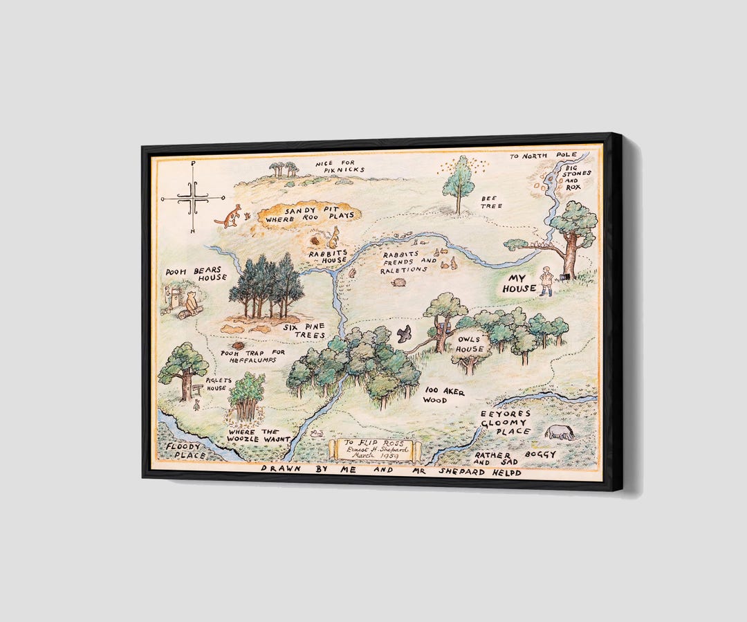 100 Acre Wood Map Poster Winnie the Pooh Map Canvas Pooh Wall Art 100 ...
