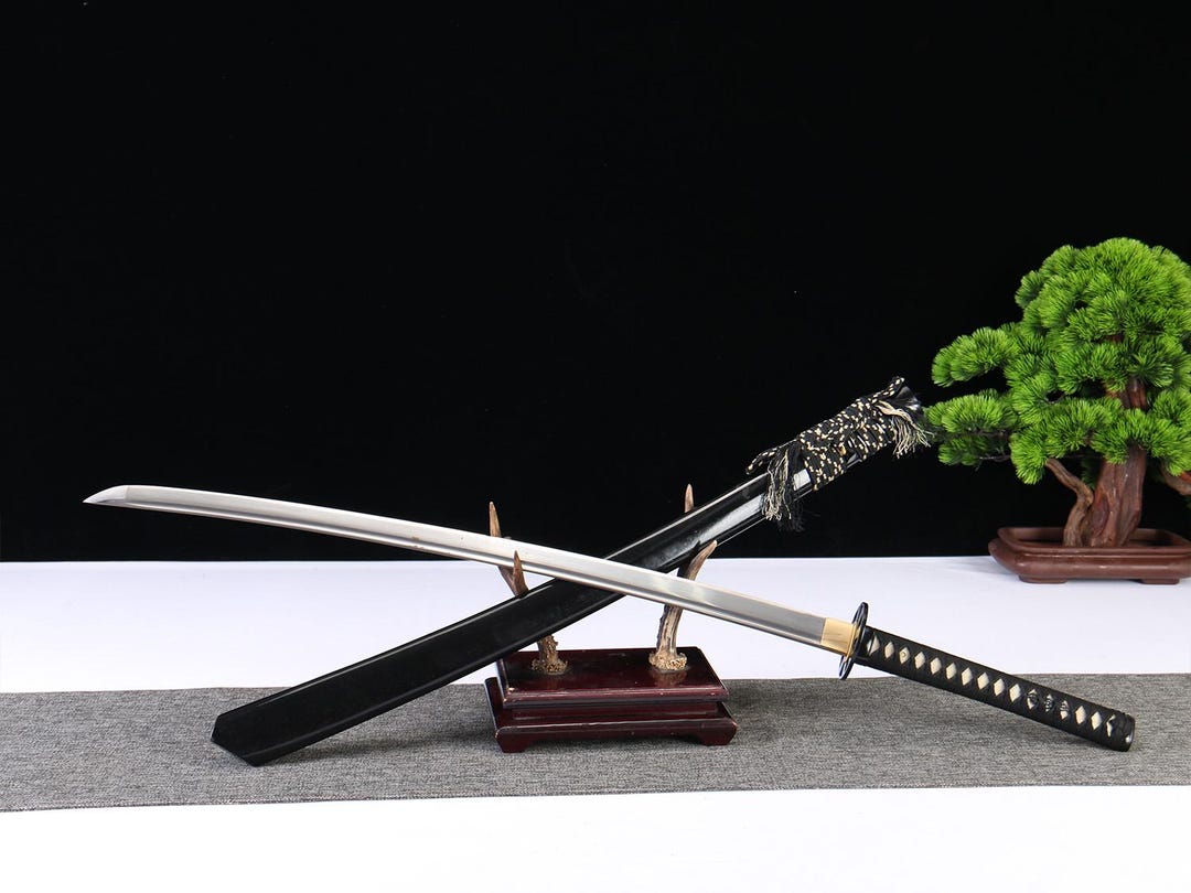Hand Forged Katana: Black Saya, Natural Steel, Round Tsuba Display ...
