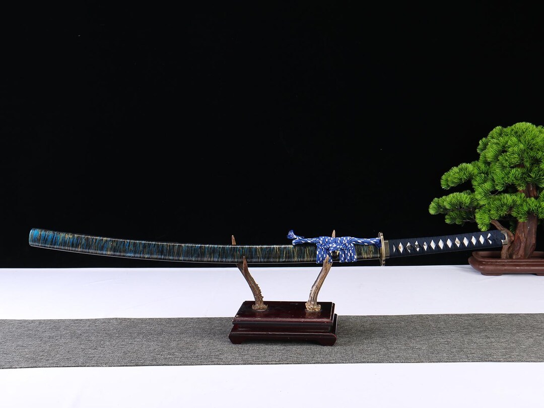 Blue Tempered Katana: Folded Damascus Steel, Authentic Samegawa Wrap - Etsy
