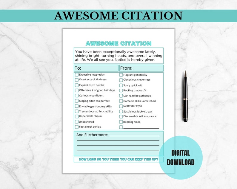 Teen Affirmation Printable Certificate – ‘awesome Citation’ Positive ...