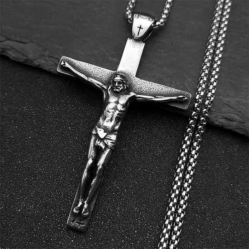 Men's Large Stainless Steel Jesus Crucifix Pendant Necklace - Heavy ...