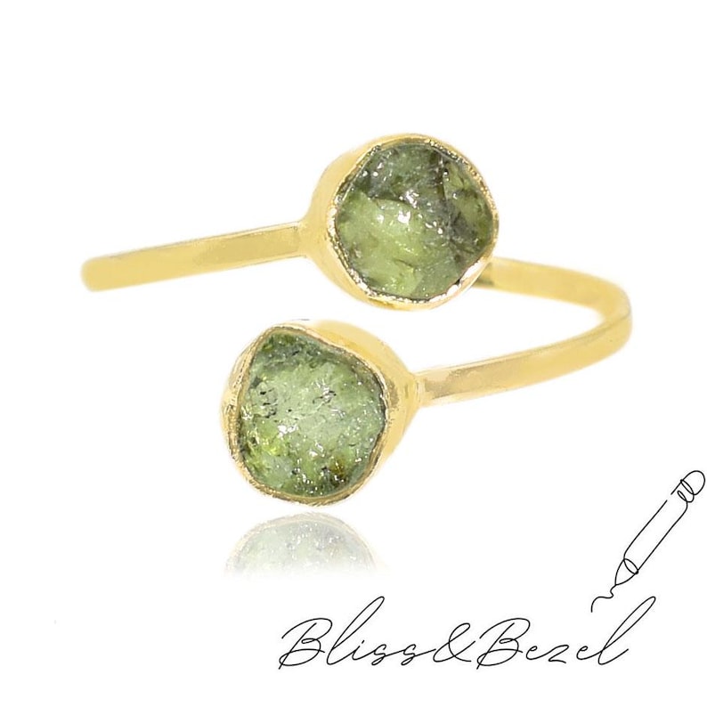 Raw Peridot Birthstone Collet Ring - Double Stone Adjustable Ring ...