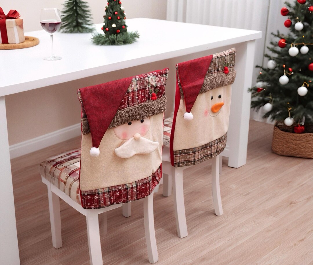 Santa & Snowman Christmas Chair Covers: 3D Plaid Design - Etsy