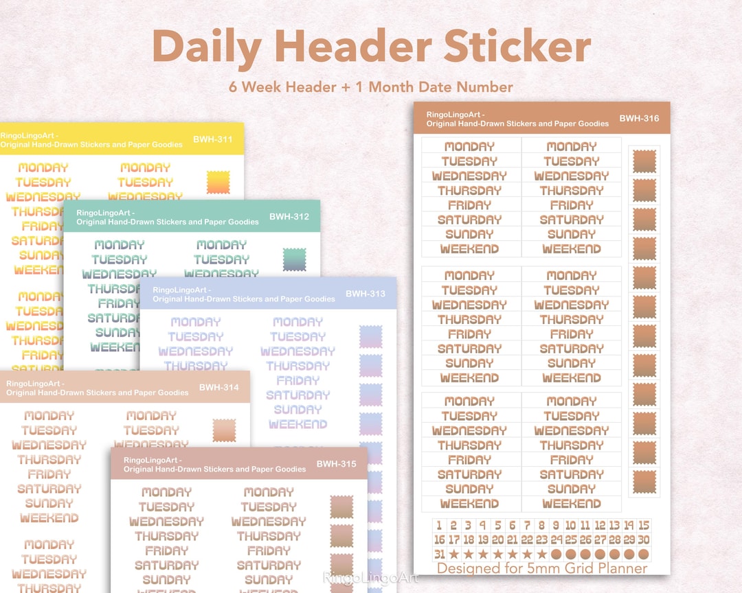 Days of the Week Header Stickers / Date Stickers / Date Number Sticker ...