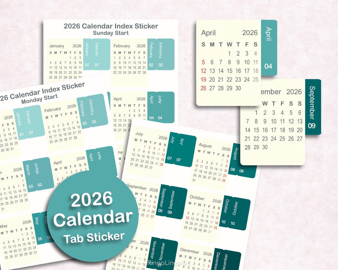 2026 Gradient Teal Calendar Monthly Index Stickers for Planner ...