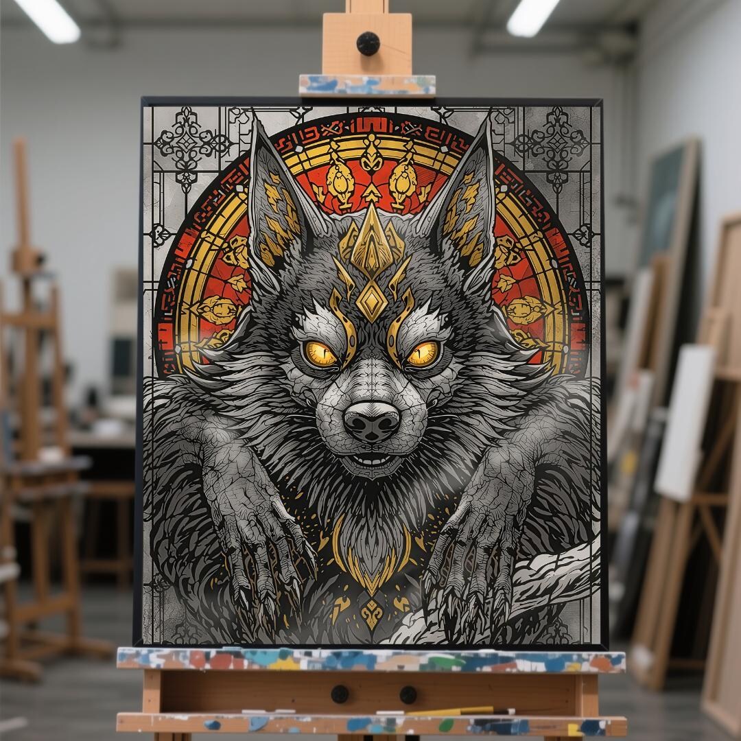 Inugami Yokai Stained-glass Puzzle - High-res Upscaled Art, Japanese ...