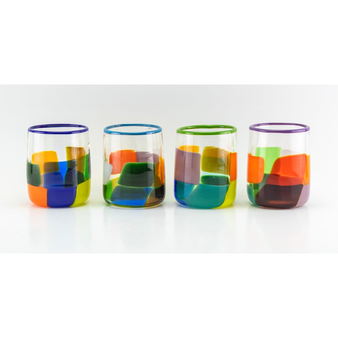 Set of 4 Handmade Blown Glass Rocks Drinking Glasses - Square Tile ...