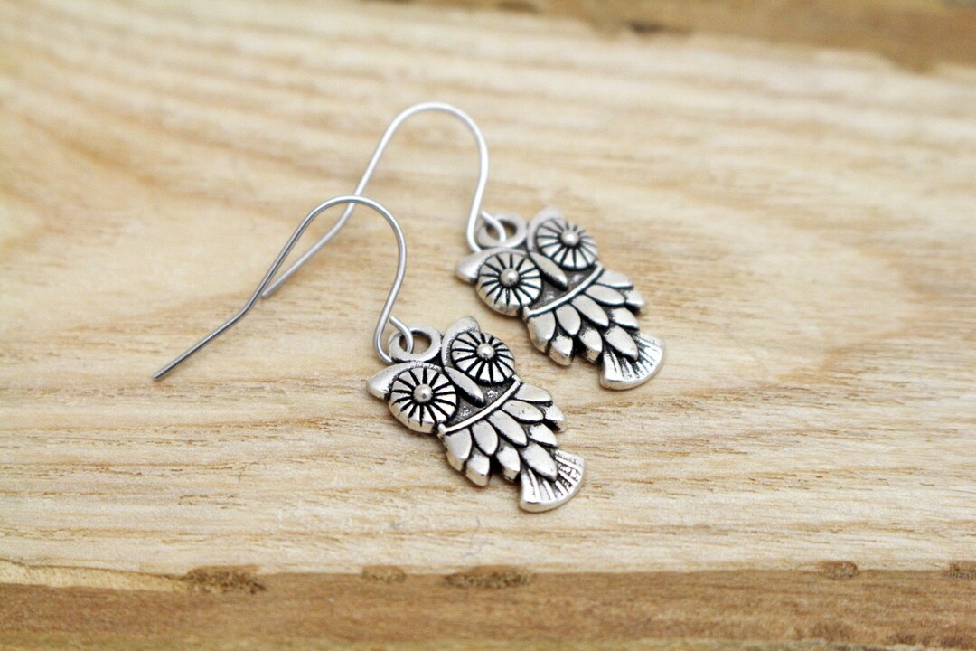 Stamped Owl Charm Earrings Hypoallergenic Earrings for Sensitive Ears ...