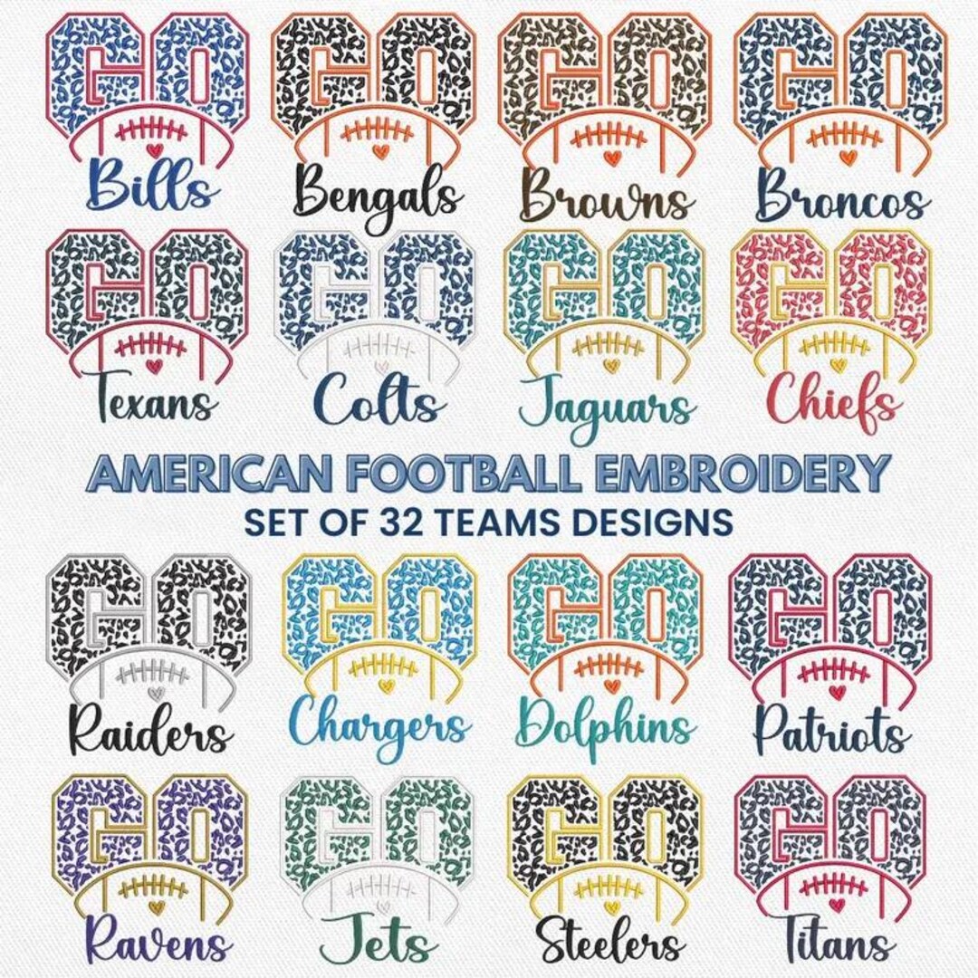 Football Embroidery Design Bundle, 32 Teams Football Go Spirit Leopard ...