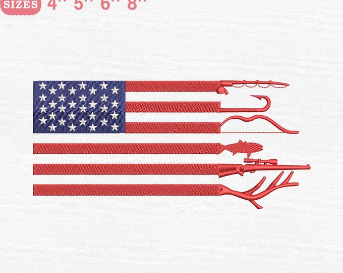 Hunting Fishing American Flag Embroidery Design, Patriotic Fishing ...