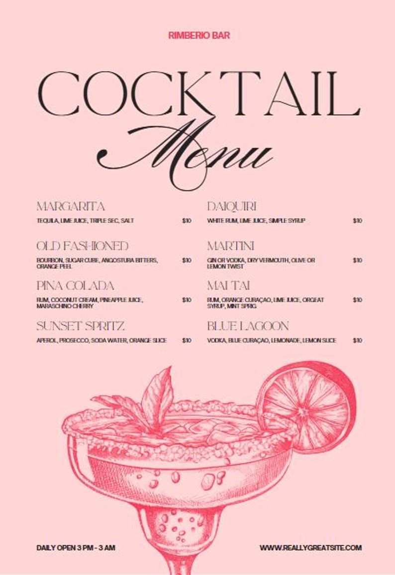 Editable Cocktail Drinks Menu | Printable Bar Menu Template | Signature ...