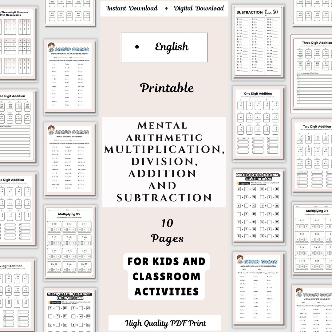Printable Mental Math Worksheets: Addition, Subtraction, Multiplication ...