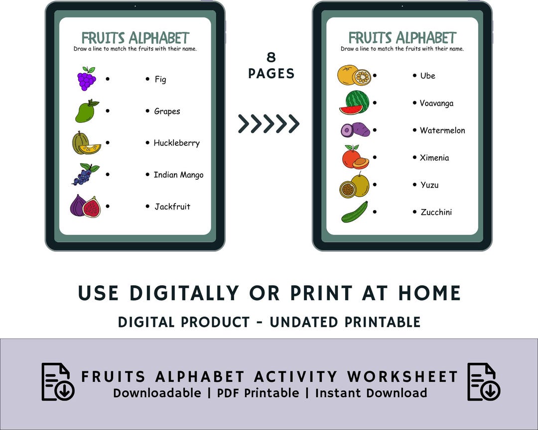 Printable Fruits Alphabet Worksheet Activity – 10 Pages | Educational ...