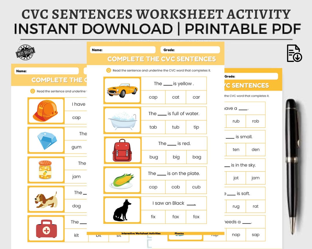 Printable CVC Sentence Worksheet Bundle – 10 Pages | Phonics & Early ...
