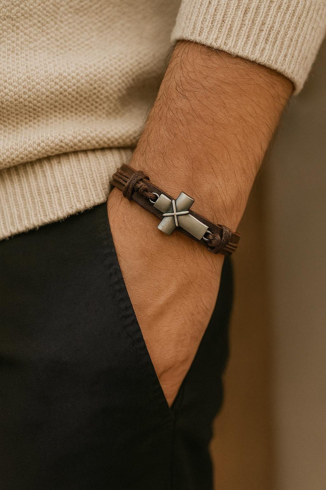 Leather Cross Bracelet for Men – Adjustable Christian Wristband, Faith ...