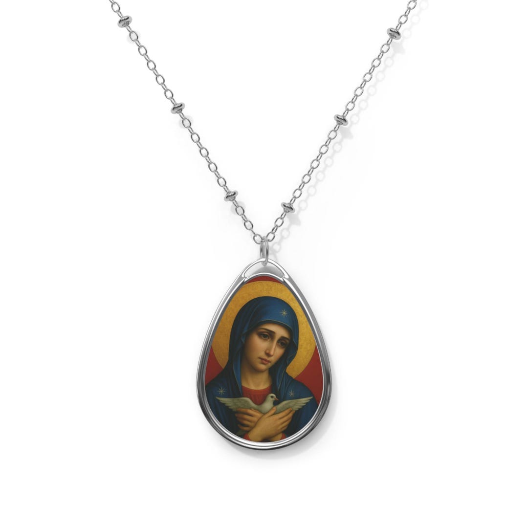 Virgin Mary Pneumatophora Necklace, Religious Oval Pendant, Christian ...