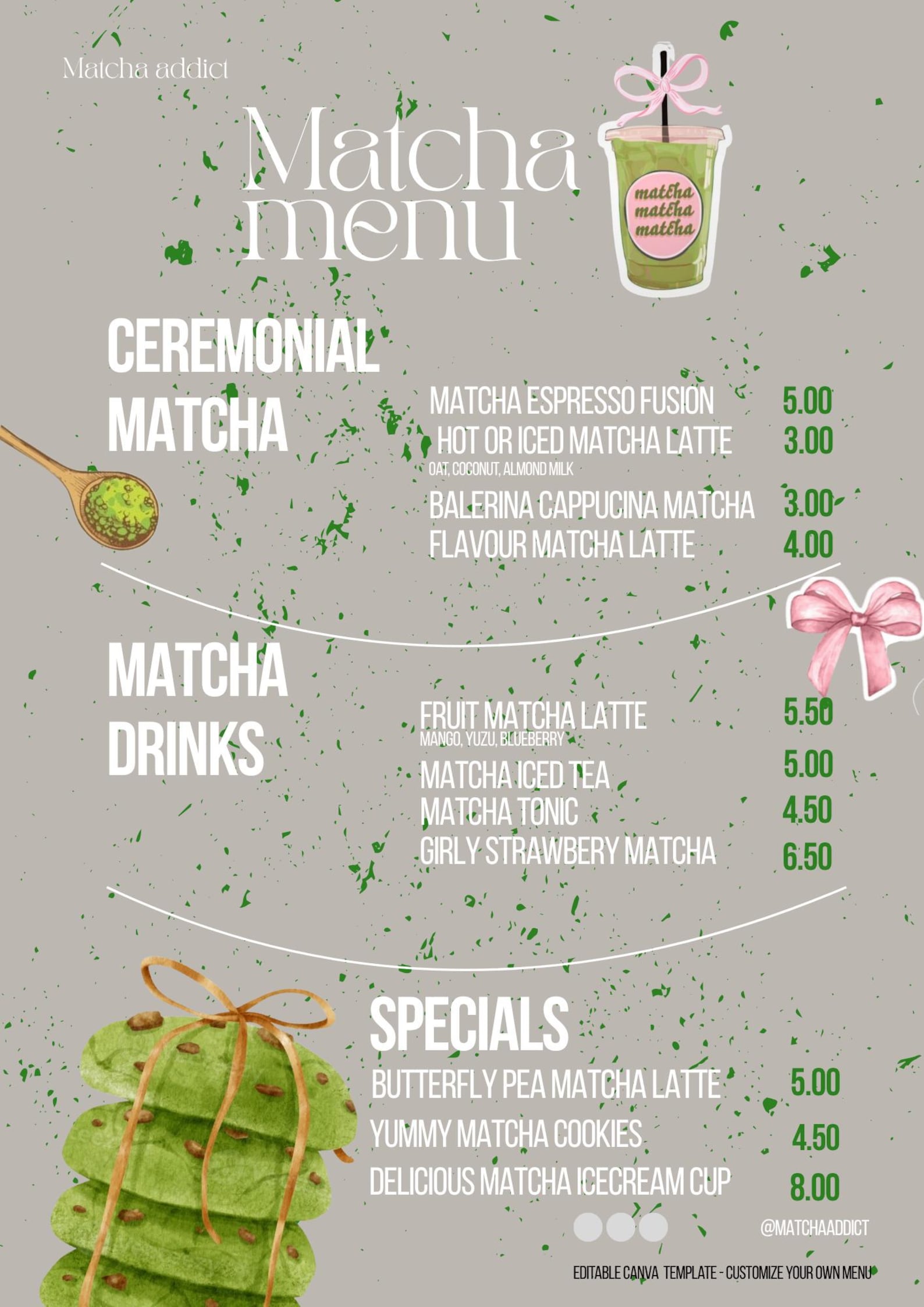 Editable Matcha Menu Template – Boho Cafe Menu, Printable Matcha Drink ...