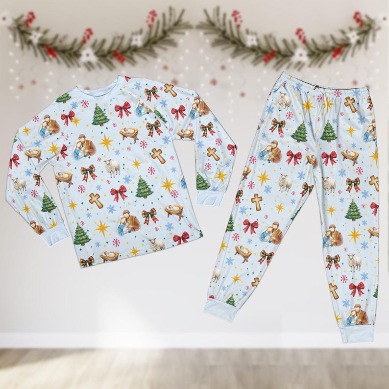 Coquette Jesus Christmas Pajamas Set, Festive Matching Longsleeve ...