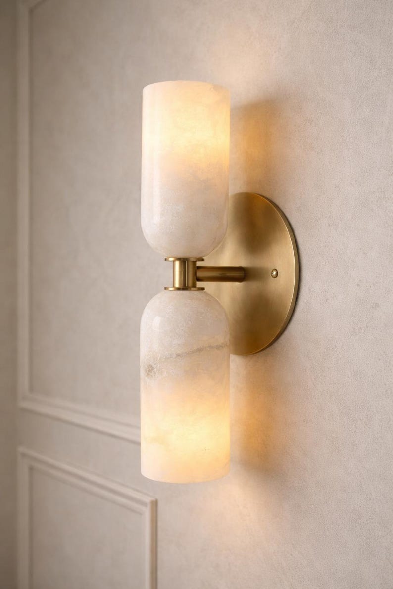 Brass Double Wall Sconce, Handcrafted Alabaster Bathroom Vanity Light ...