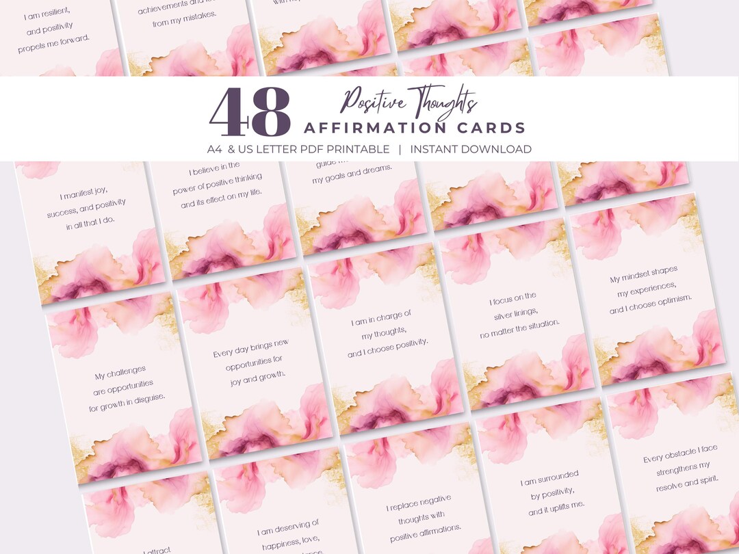 Pink Ink Positive Thinking Affirmation Cards (48 Cards), Printable PDF ...