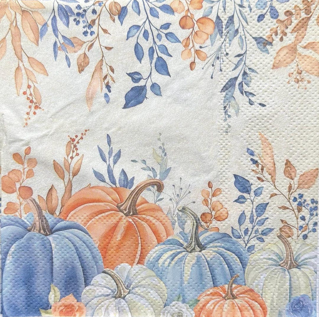 Blue White and Orange Pumpkins With Fall Leaves Decoupage Napkins,3 ...