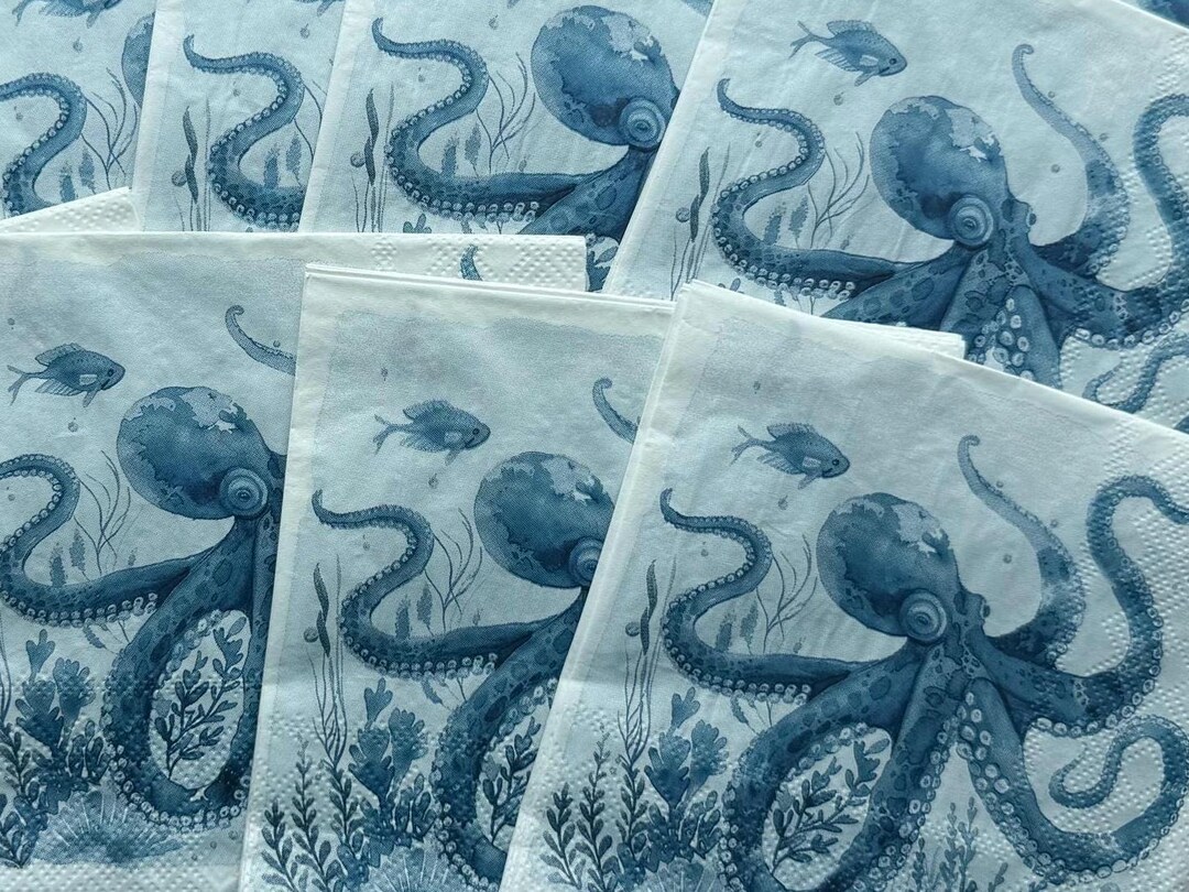 Blue and White Octopus Underwater Scene Decoupage Napkins, 3 Individual ...