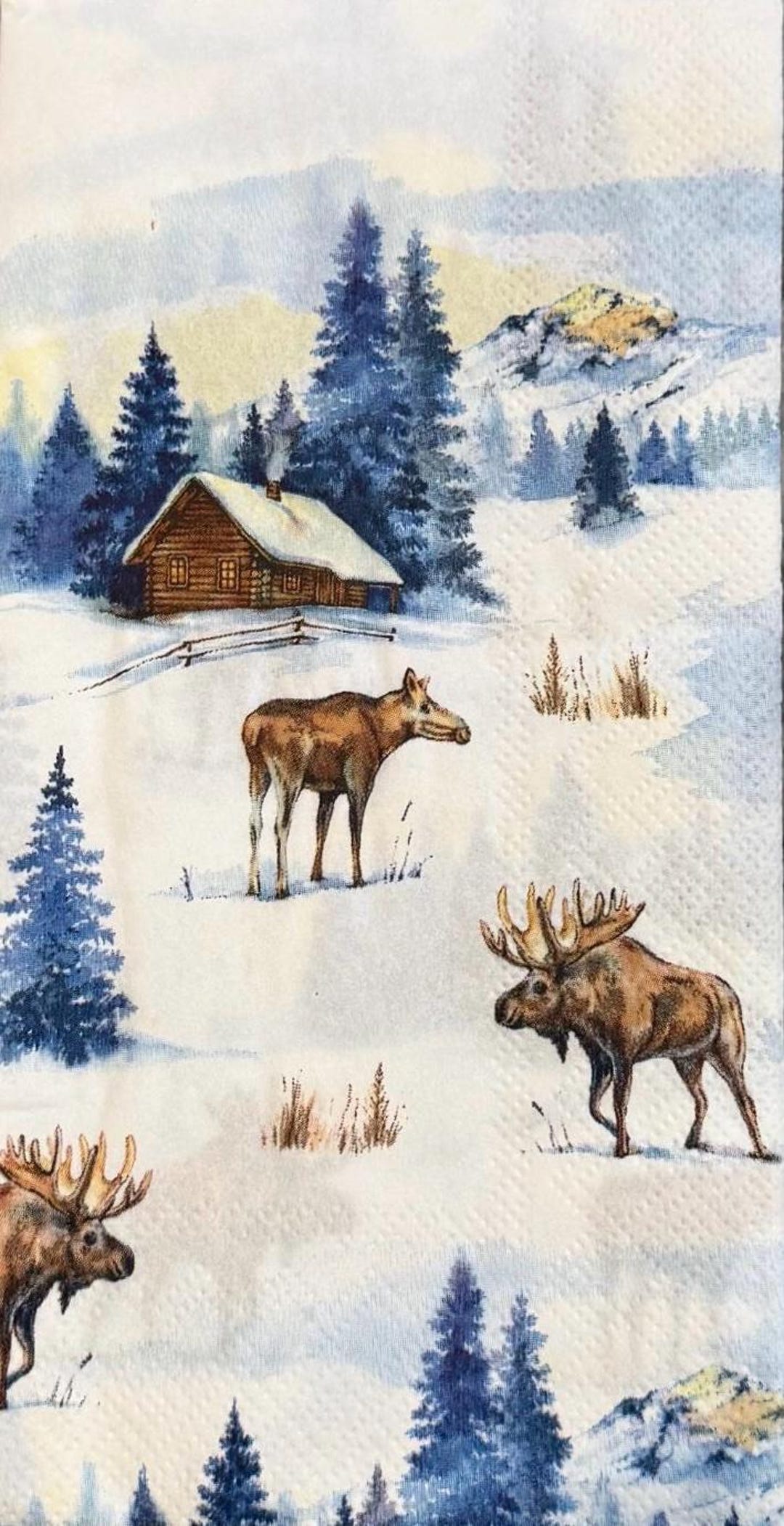 Snow Covered Cabin With Moose/elk Decoupage Napkins, 3 Individual ...