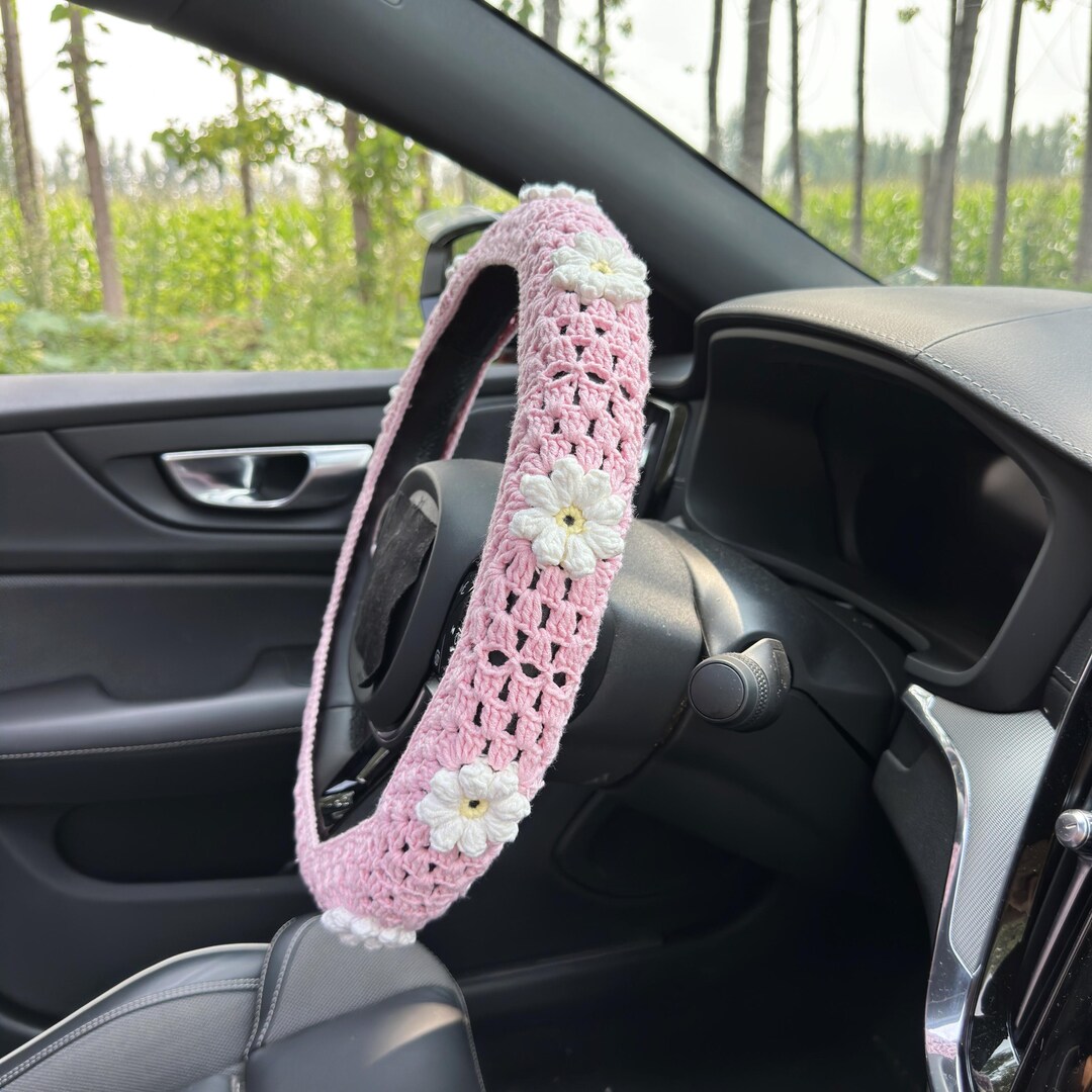 Pink Daisy Car Steering Wheel Cover,crochet Steering Wheel Cover,flower ...