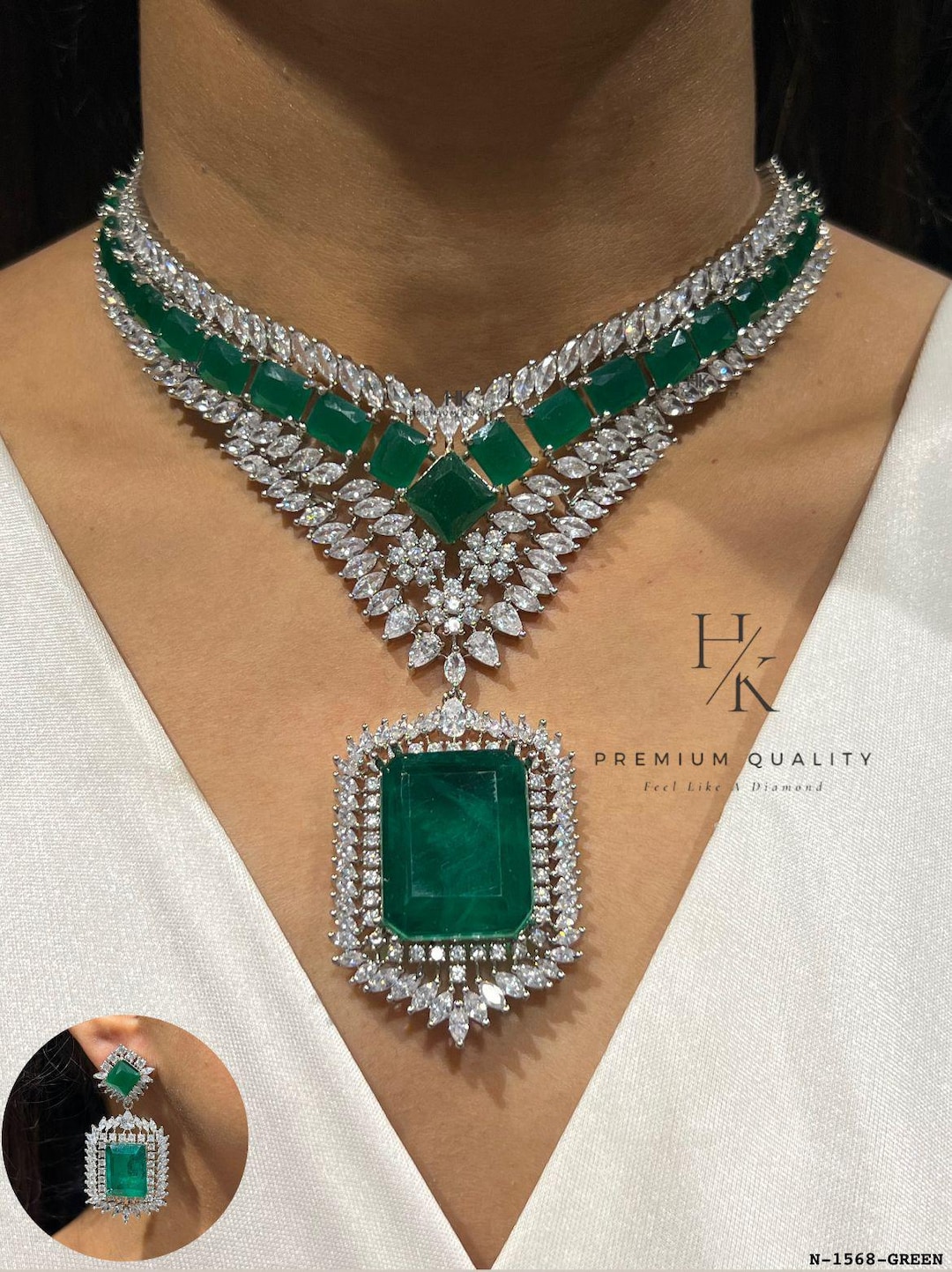 Emerald Green Doublet Necklace Set: CZ Diamond Bridal Choker Earrings ...