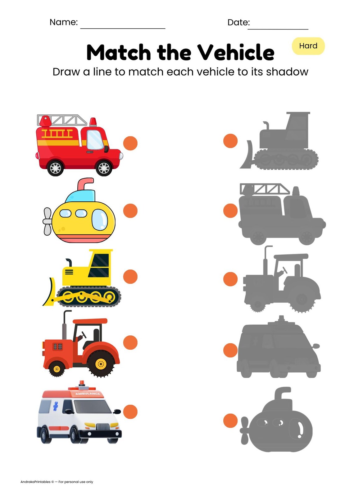 Printable Vehicle Matching Worksheets | Transportation Activities for ...