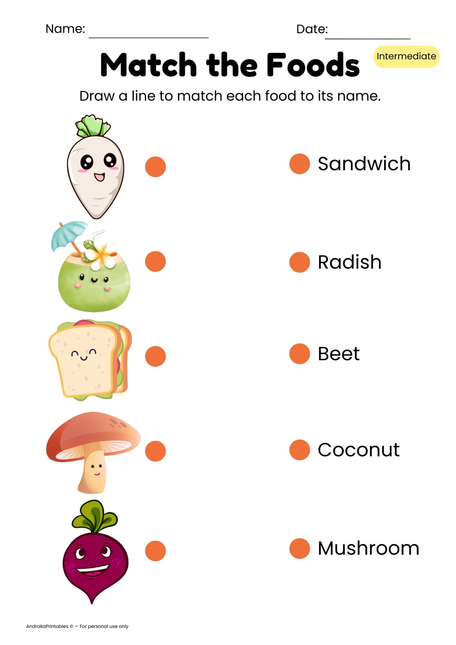 Food Matching Worksheets: Preschool & Kindergarten Learning Activities ...