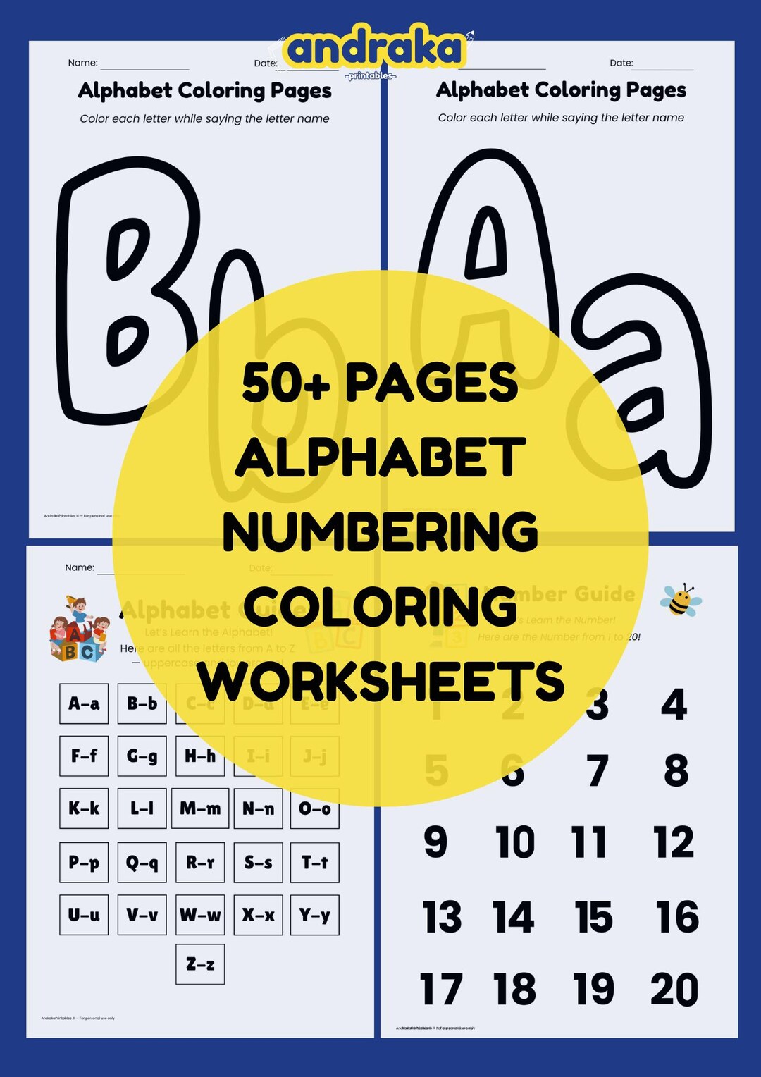 Alphabet and Number Coloring Pages: Preschool Learning Activity | Pre-k ...