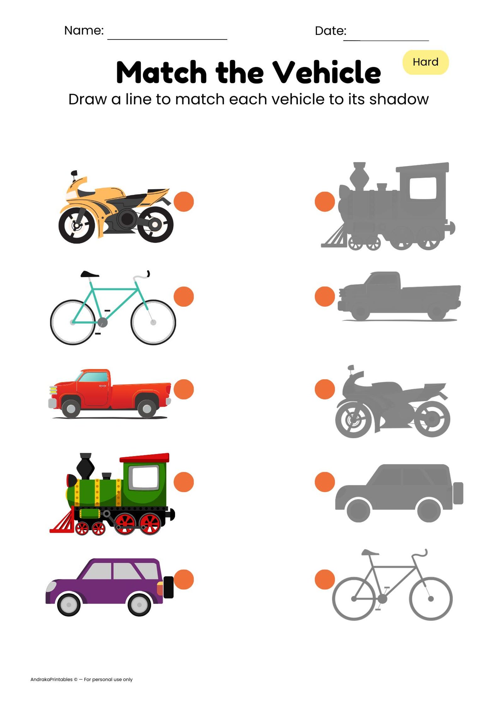 Printable Vehicle Matching Worksheets | Transportation Activities for ...