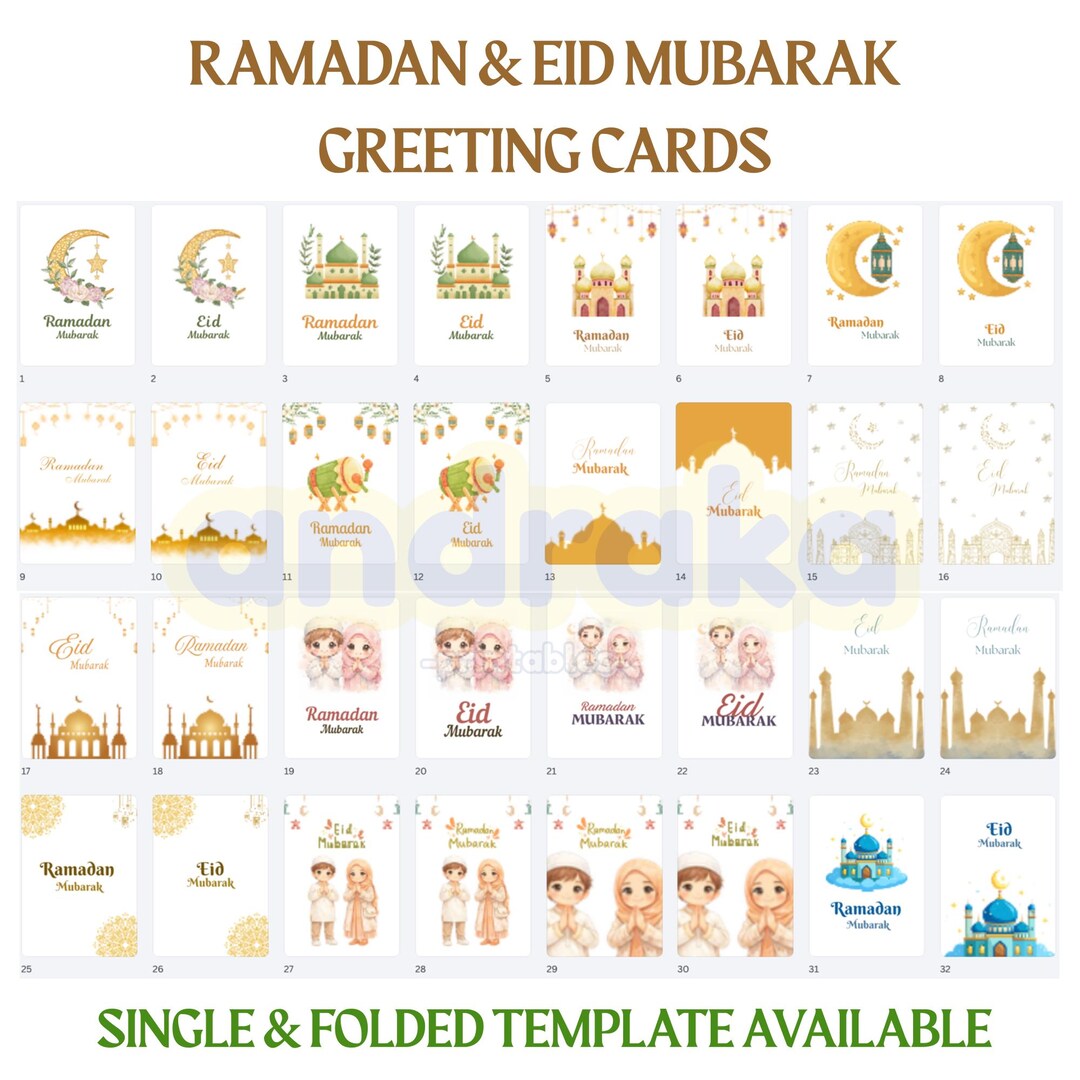 Ramadan Eid Mubarak Printable Greeting Cards Bundle 22 Designs 5x7 In ...