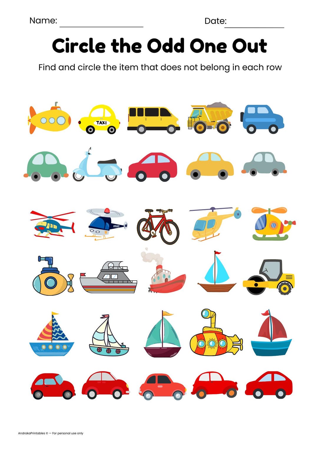 Printable Vehicle Matching Worksheets | Transportation Activities for ...